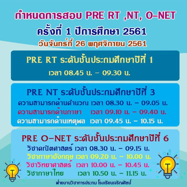 กำหนดการสอบ PRE RT , NT , O-NET สอบวันจันทร์ที่ 26 พฤศจิกายน 2561